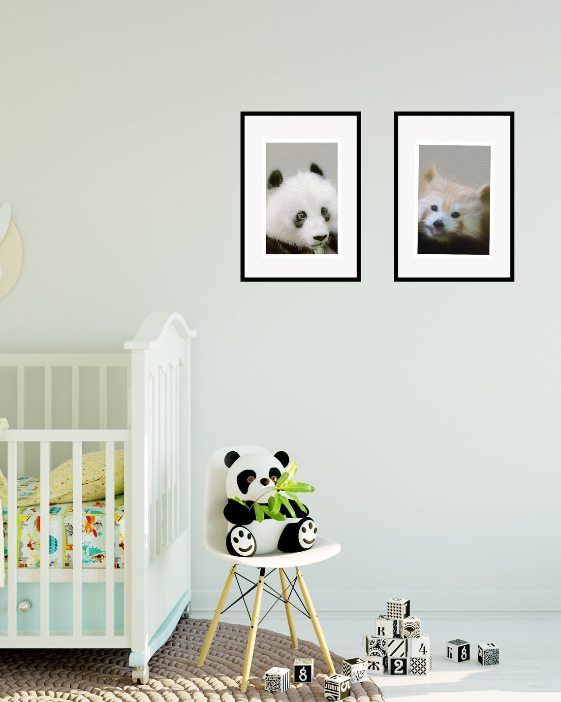 Panda Bear Print Set - 2 Prints Panda Nursery Decor 16x20 Gray Oil ...