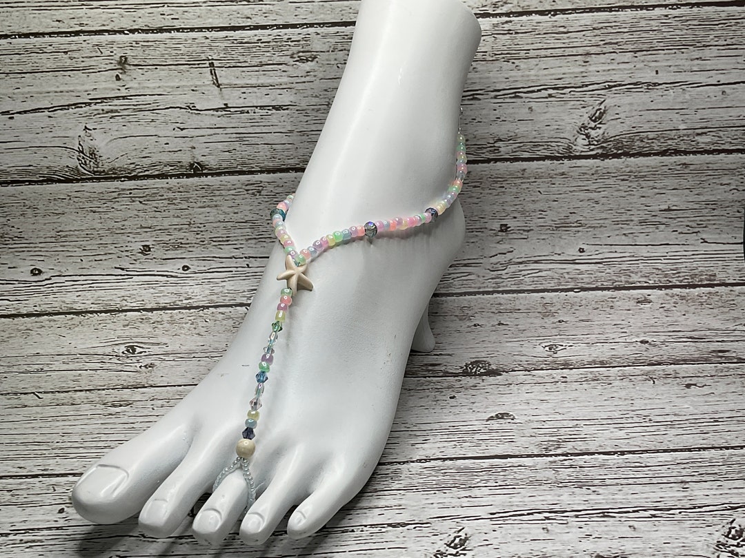White Anklet, Starfish Anklet, Barefoot Anklet, Sandal Anklet , Beaded ...
