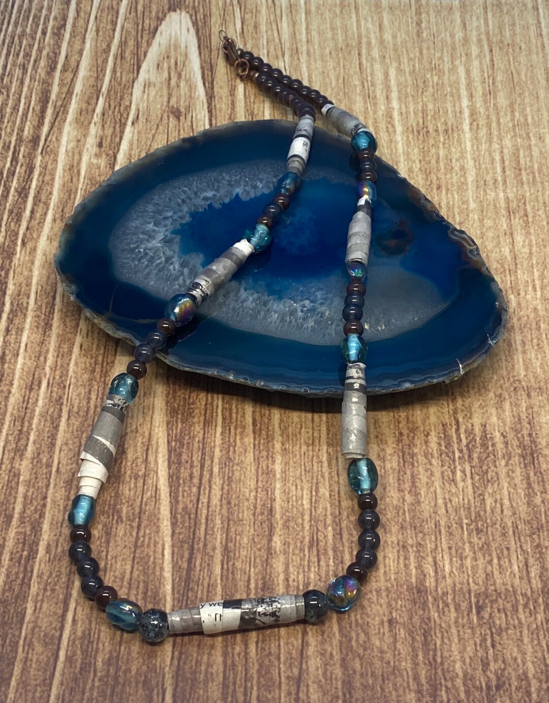 Handmade Turquoise Carnival Glass Necklace: Long Paper Bead Style - Etsy