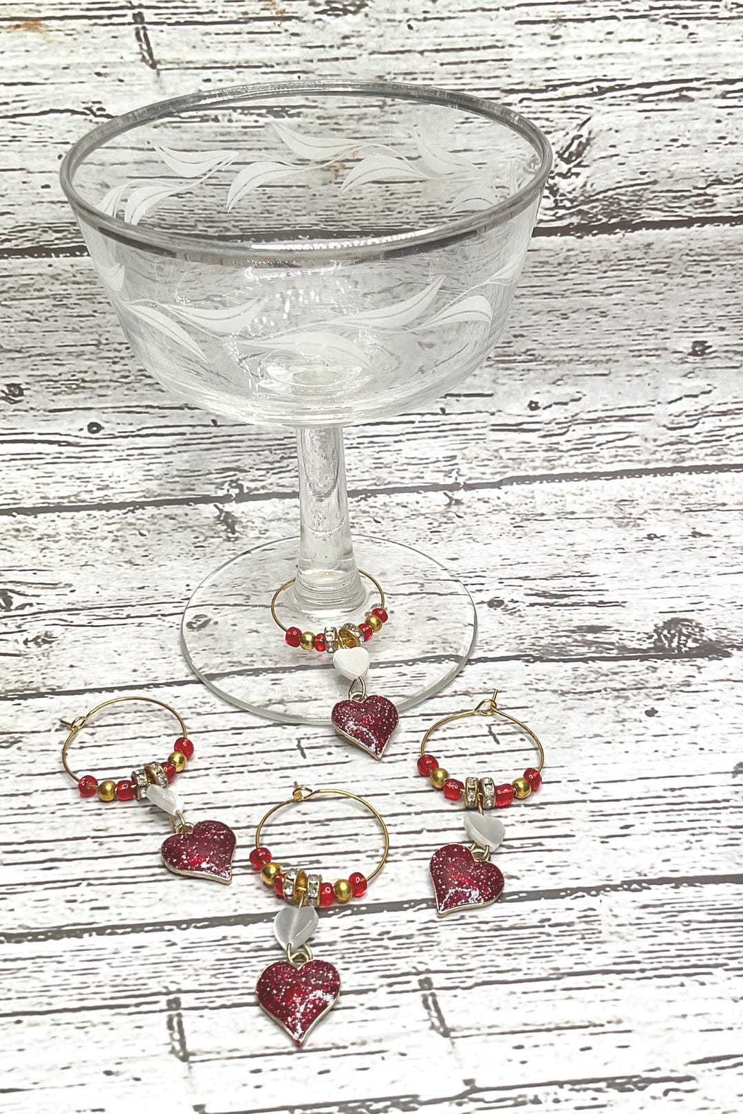 Red Glitter Heart Wine Glass Charms: Beaded Stemware Rings, Set of 4 - Etsy