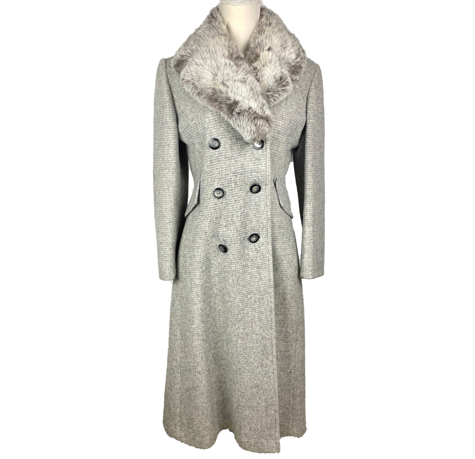 70's Wool Duster Coat Vintage Gray Wool Fur Collared Duster Coat ...