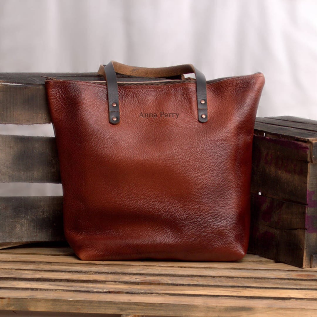 Brown Leather Tote Bag Soft Leather Tote Bag With Zipper Large Leather ...