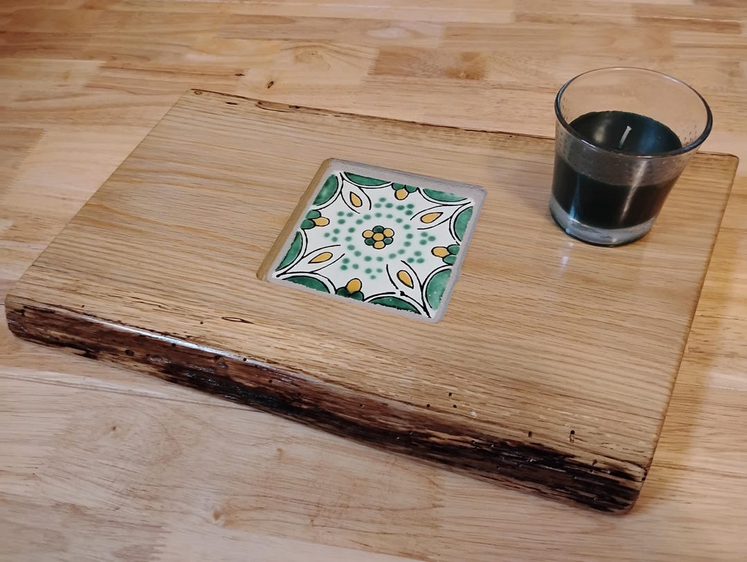 Talavera Mexican Tile Set in White Oak Live Edge Wood Tray / Decorative ...