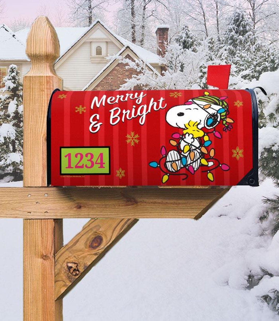 Snoopy Christmas Mailbox Cover, Merry and Bright Peanuts Decorative ...