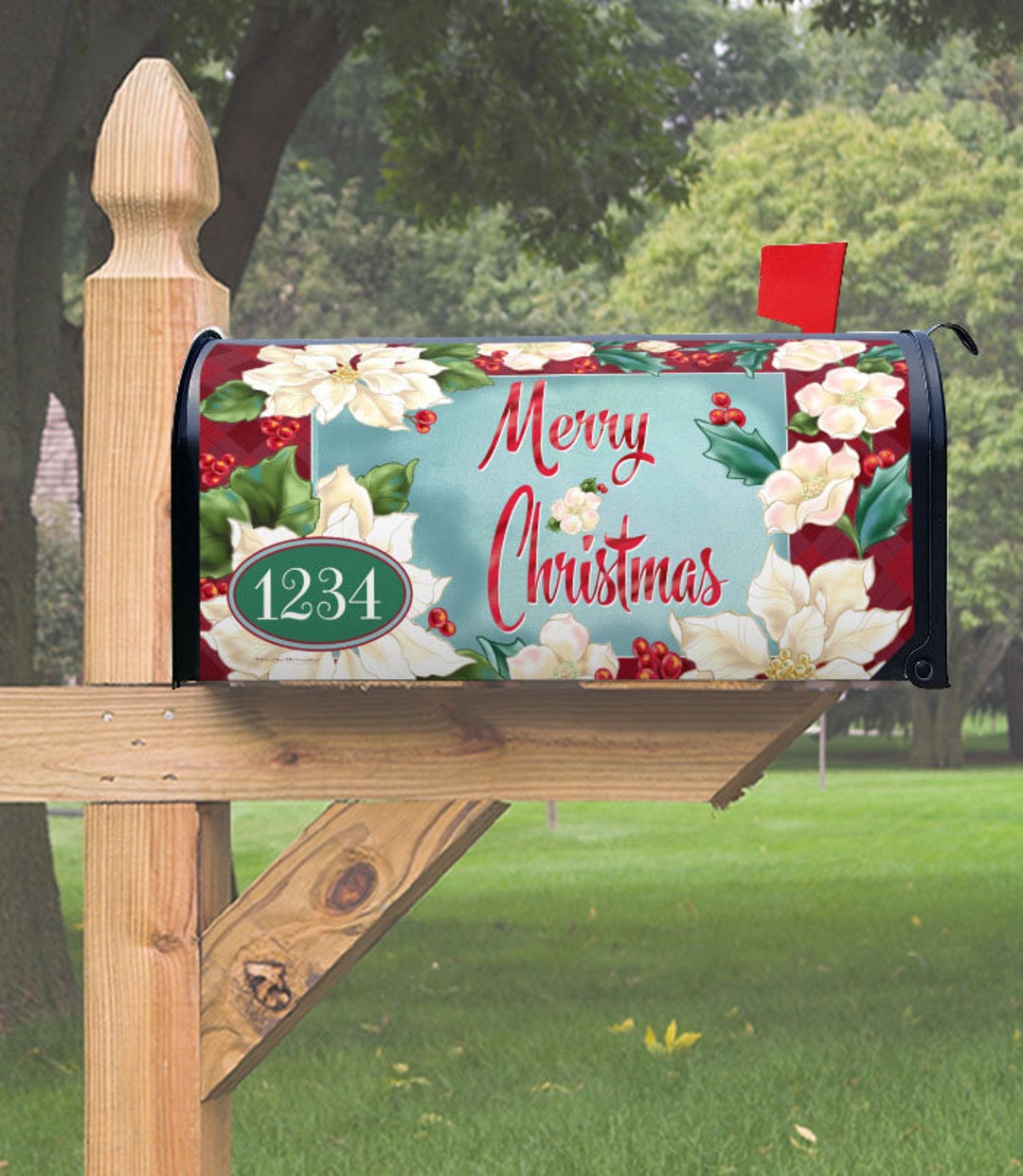 Mailbox Cover, White Christmas Poinsettias Magnetic Mailbox Cover – 6.5 ...