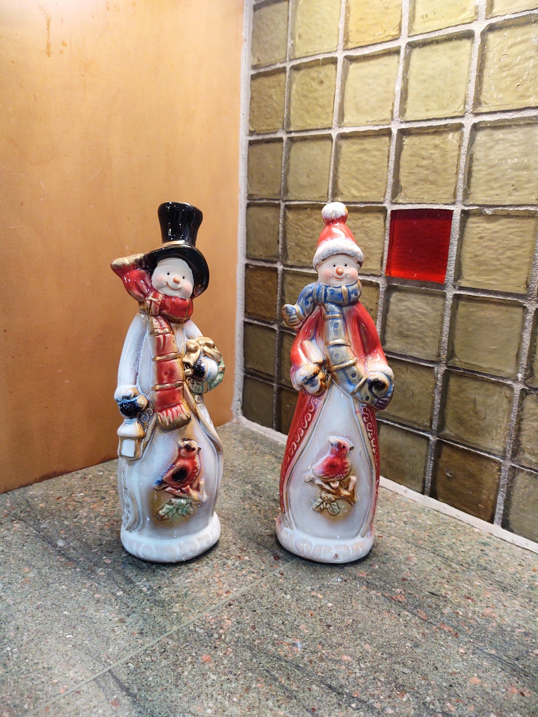 Glazed Ceramic Mr and Mrs Snowman Figurines - Etsy