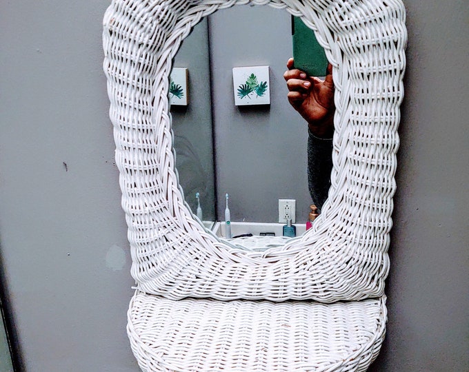 Vintage Wicker Framed Mirror With Shelf - Etsy