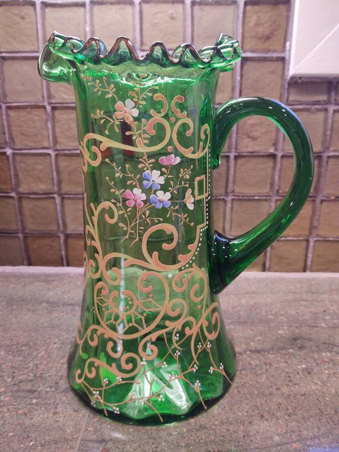 Vintage Hand Blown Hand Painted Art Glass Pitcher - Etsy