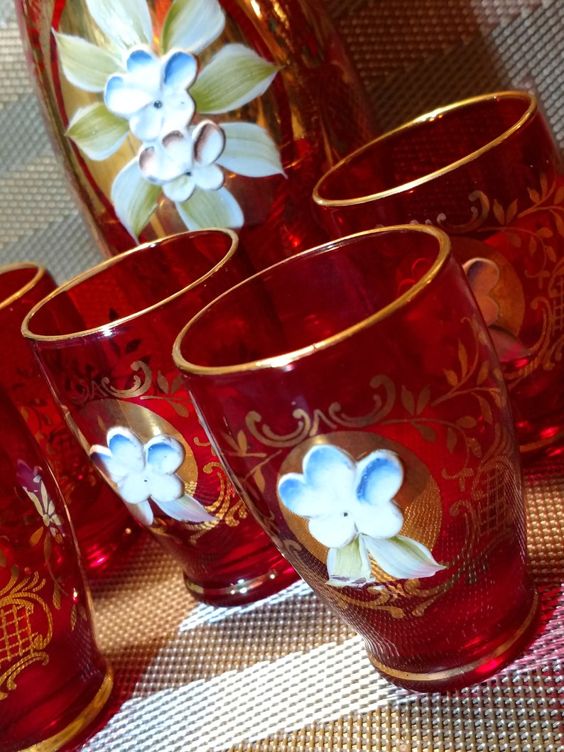 Vintage Ruby Red Glass Liquor Decanter Set - Etsy