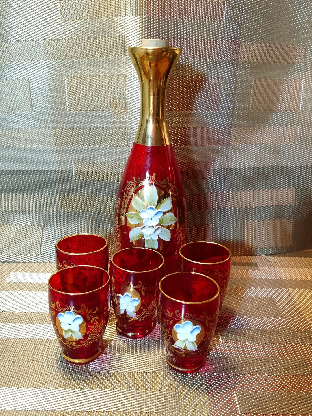 Vintage Ruby Red Glass Liquor Decanter Set - Etsy