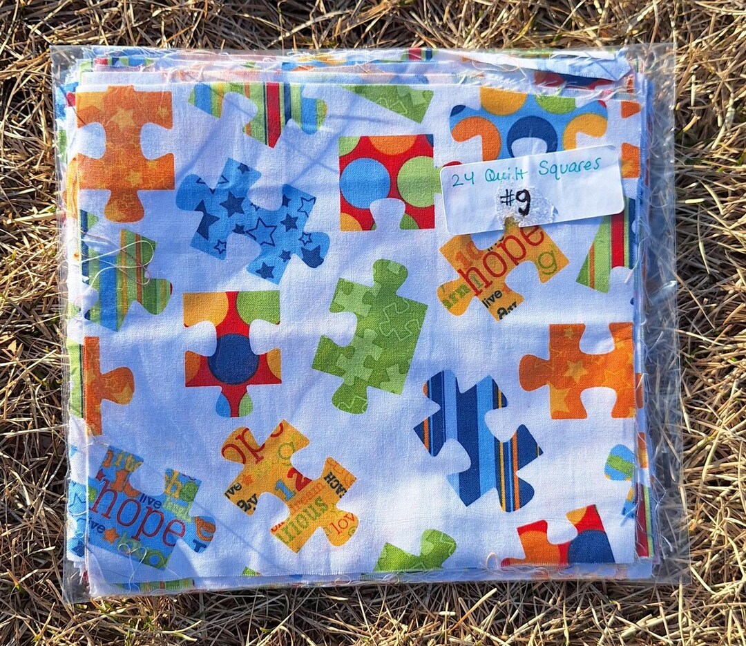 Autism Puzzle Theme Fabric 8 Inch Squares 24 Count, 100% Cotton Fabric ...