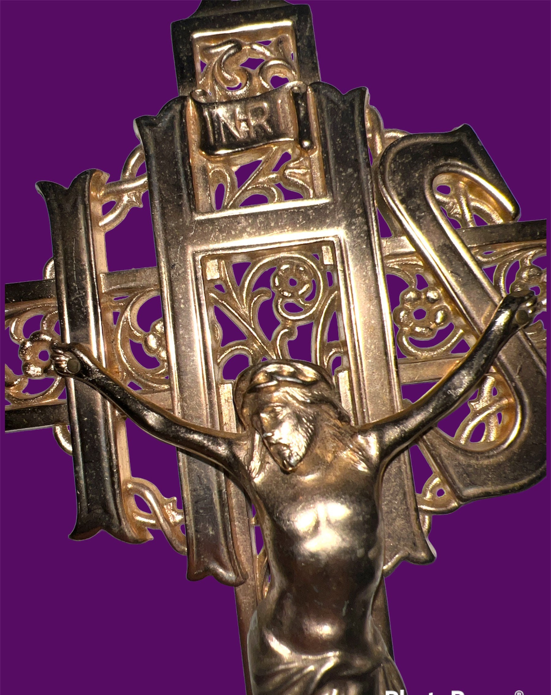 Vintage Pewter Filigree IHS Cross Crucifix With Antique Gold Tone ...