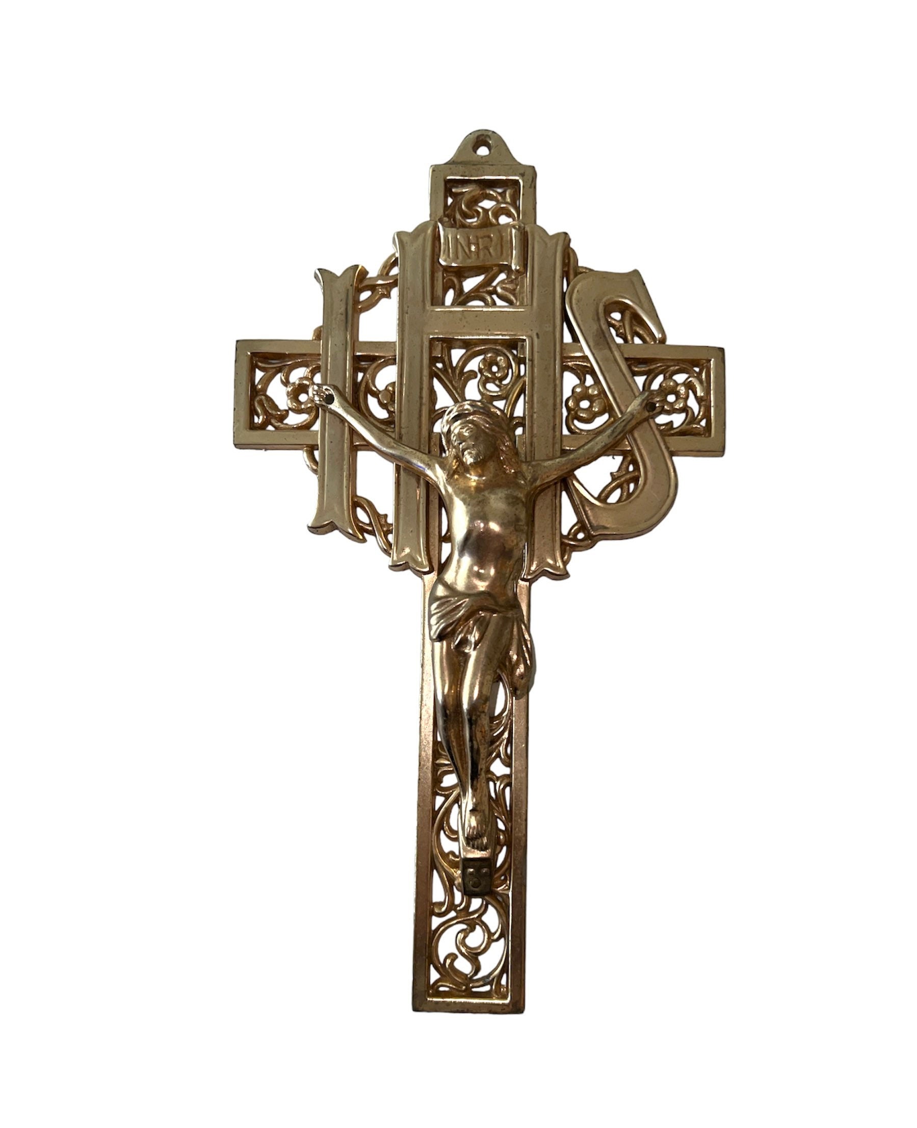 Vintage Pewter Filigree IHS Cross Crucifix With Antique Gold Tone ...