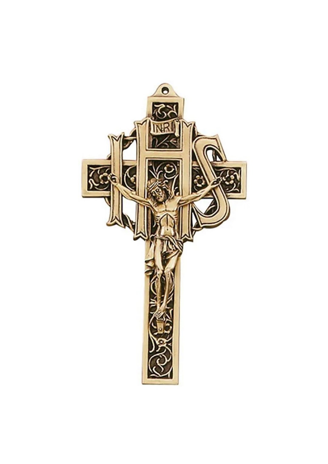 Vintage Pewter Filigree IHS Cross Crucifix With Antique Gold Tone ...