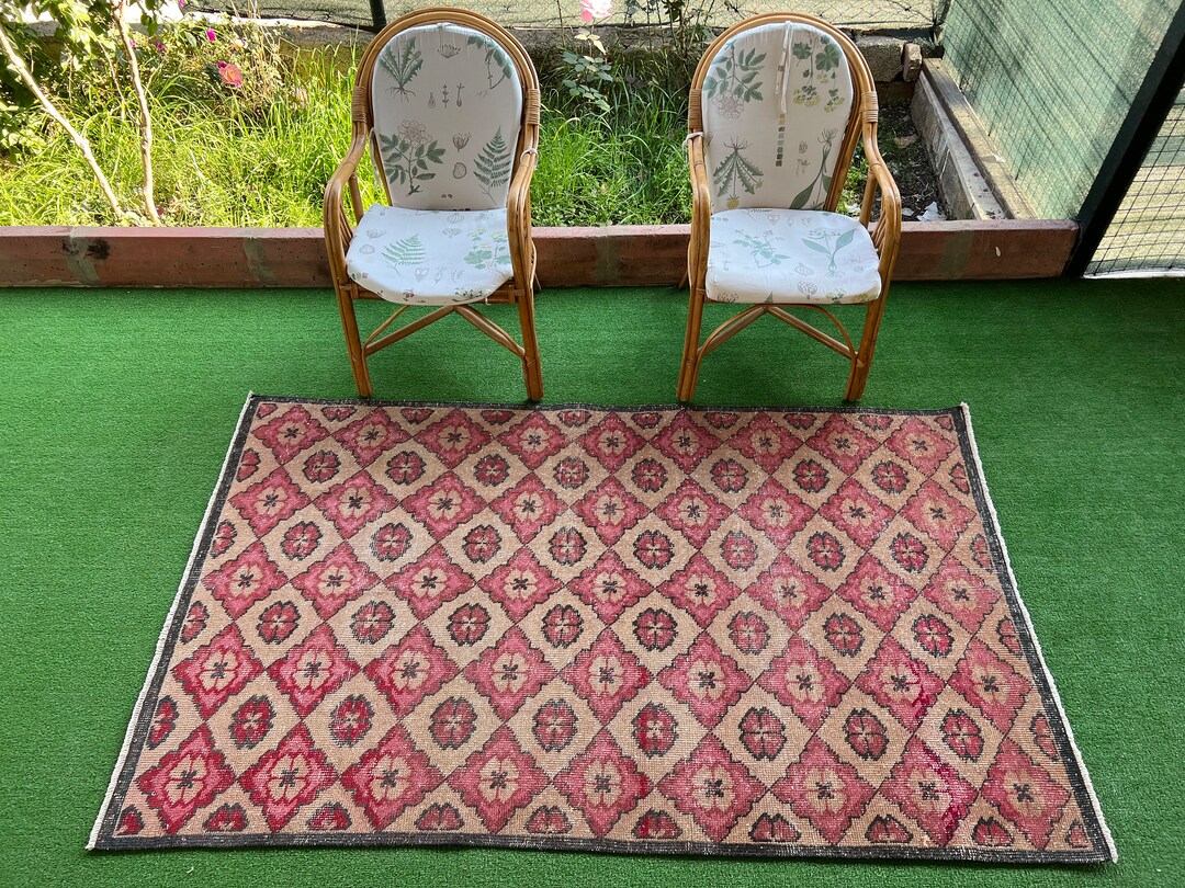 Farmhouse Pink Oushak Rugs 4x7 Vintage Rug, Pink Brown Area Carpet, Rug ...