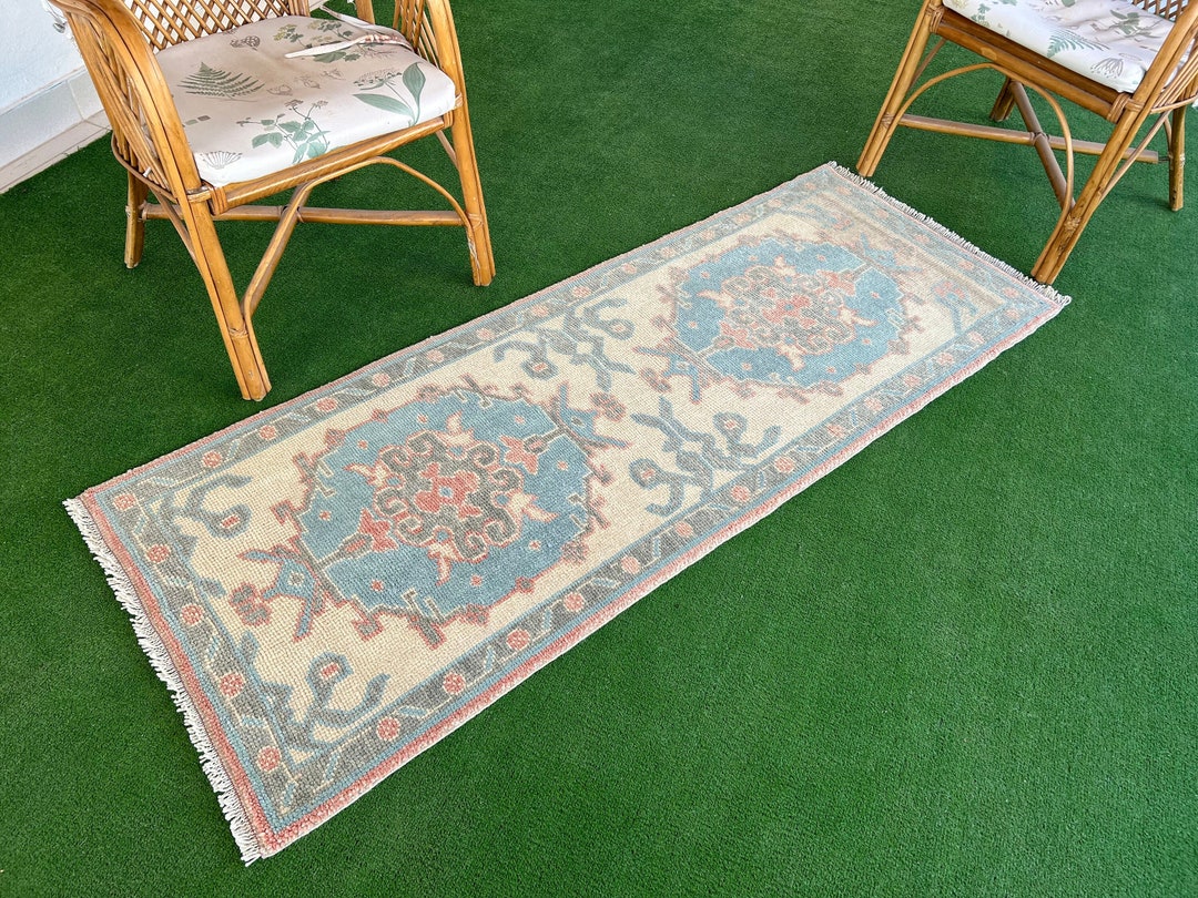 3x7 Blush Grey Oushak Runner Rug for Entryway, Vintage Faded Turkish ...