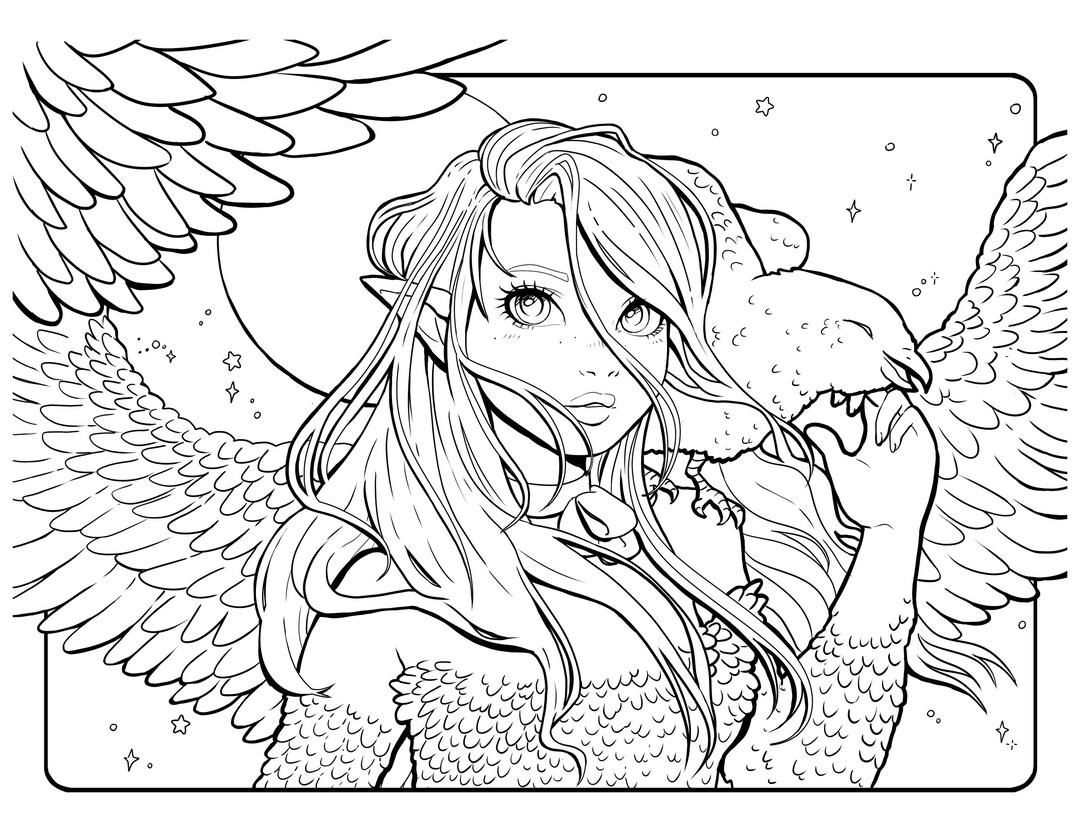 Raven Girl Printable PDF Coloring Page - Mermay Fantasy Anime Manga ...