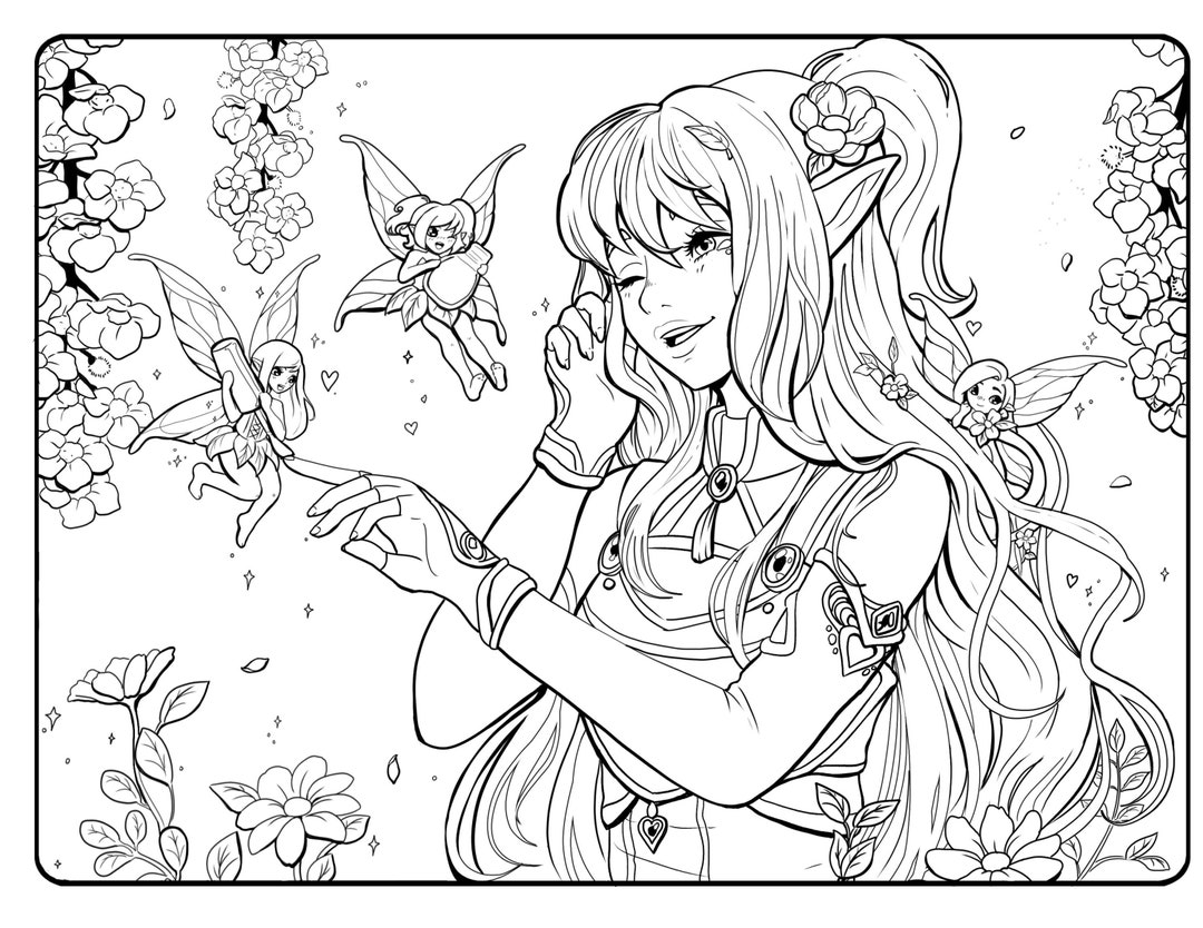 Elf and Fairies Printable PDF Coloring Page - Cute Fantasy Anime Manga ...