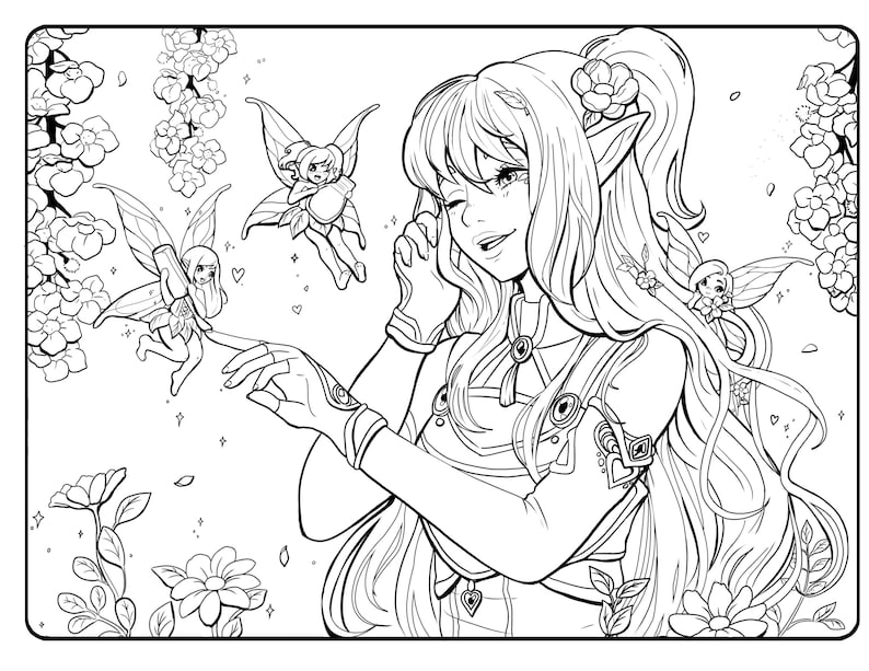 Elf and Fairies Printable PDF Coloring Page Cute Fantasy - Etsy