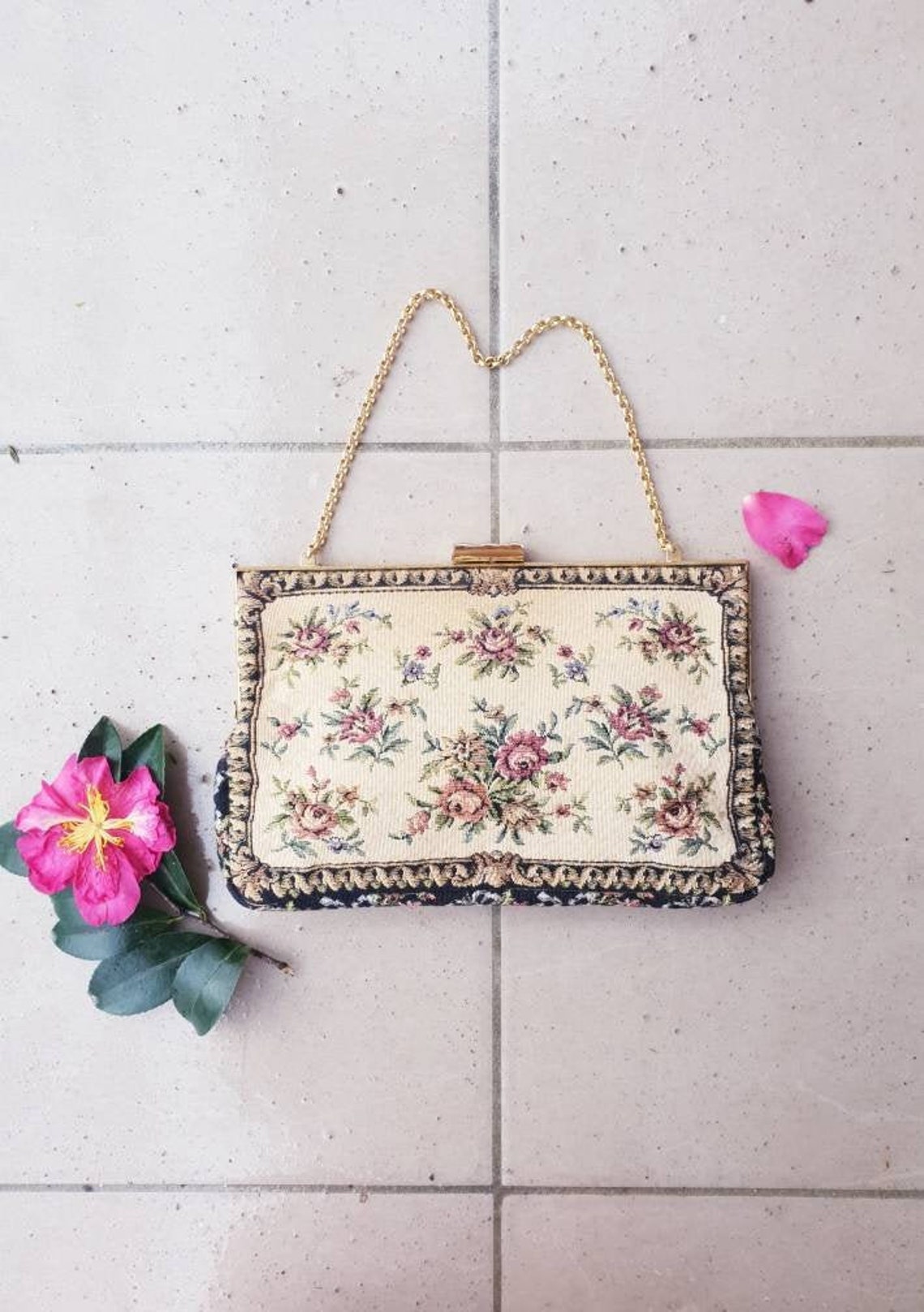 PETIT POINT BAG Vintage Evening Purse Makeup Clutch Floral Handmade Bag ...