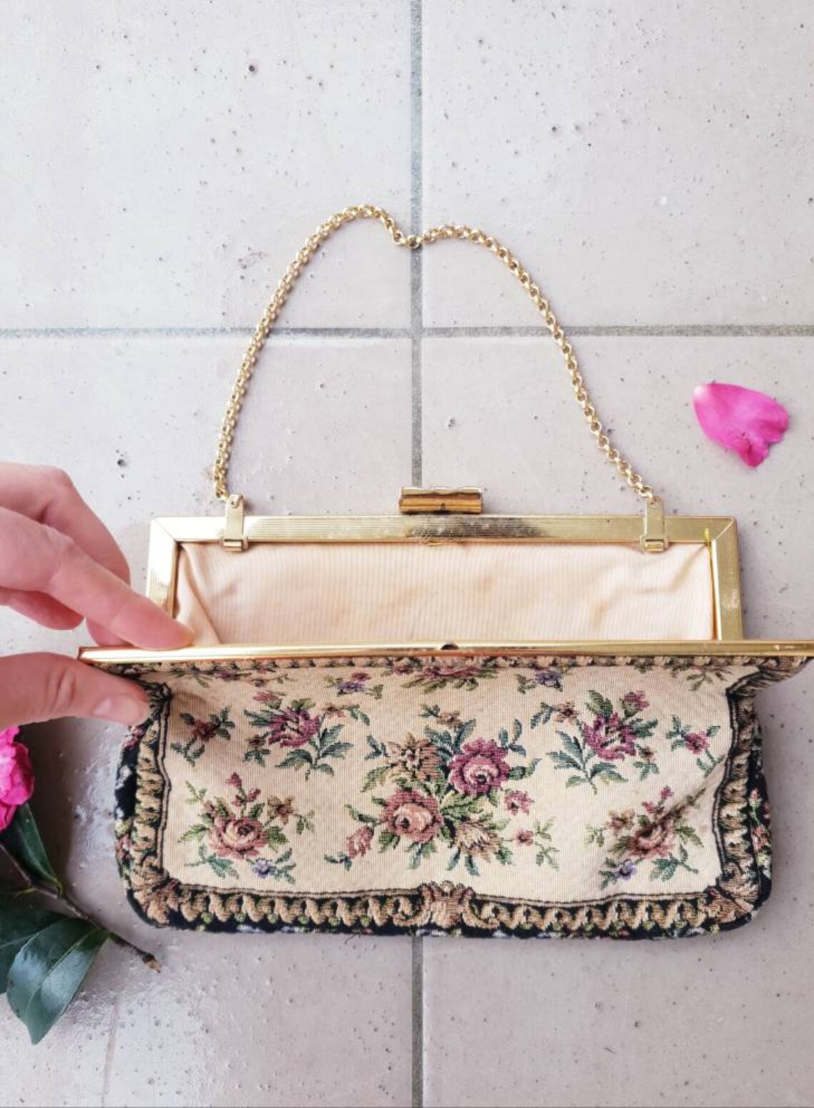 PETIT POINT BAG Vintage Evening Purse Makeup Clutch Floral Handmade Bag ...