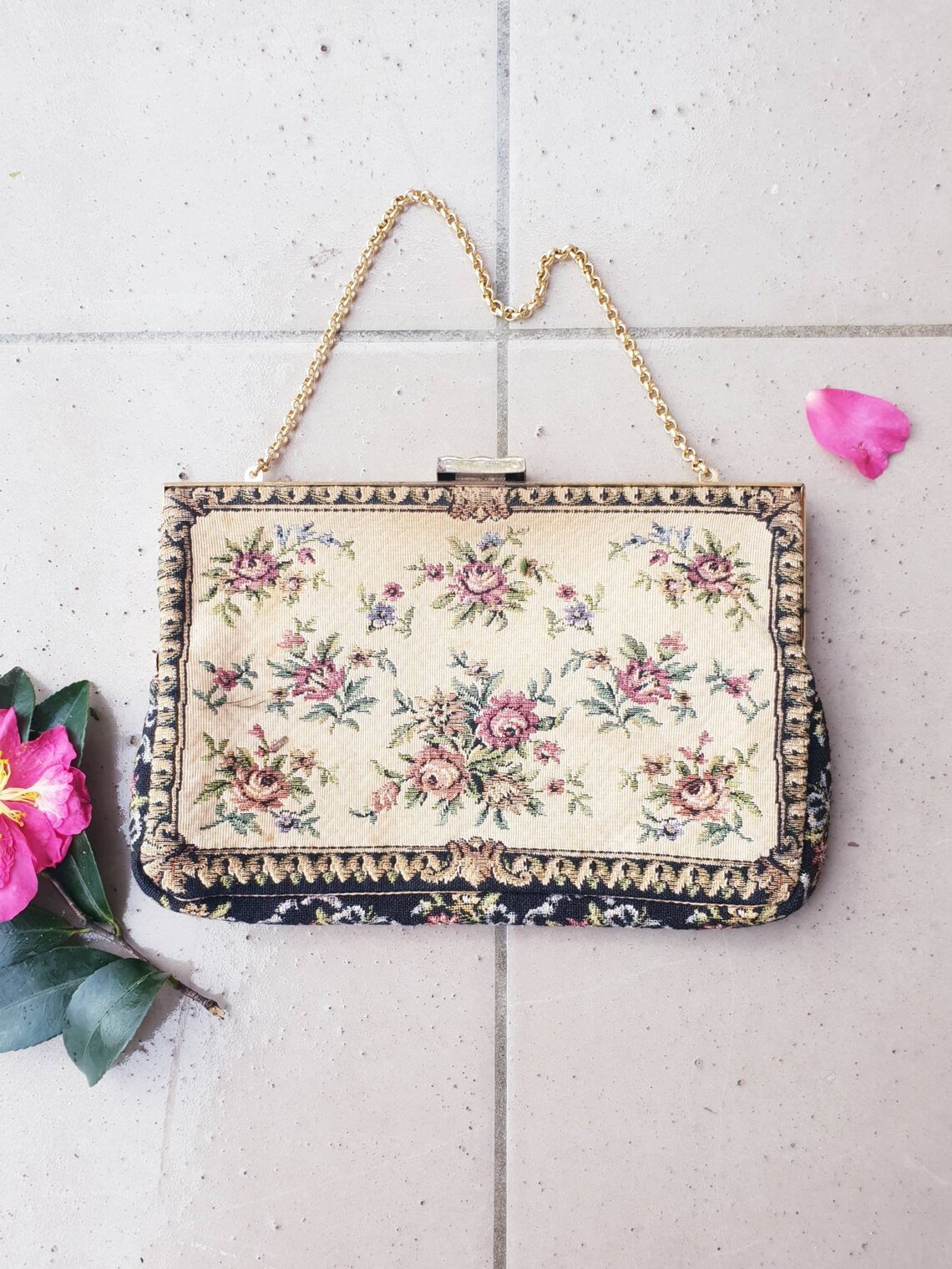 PETIT POINT BAG Vintage Evening Purse Makeup Clutch Floral Handmade Bag ...