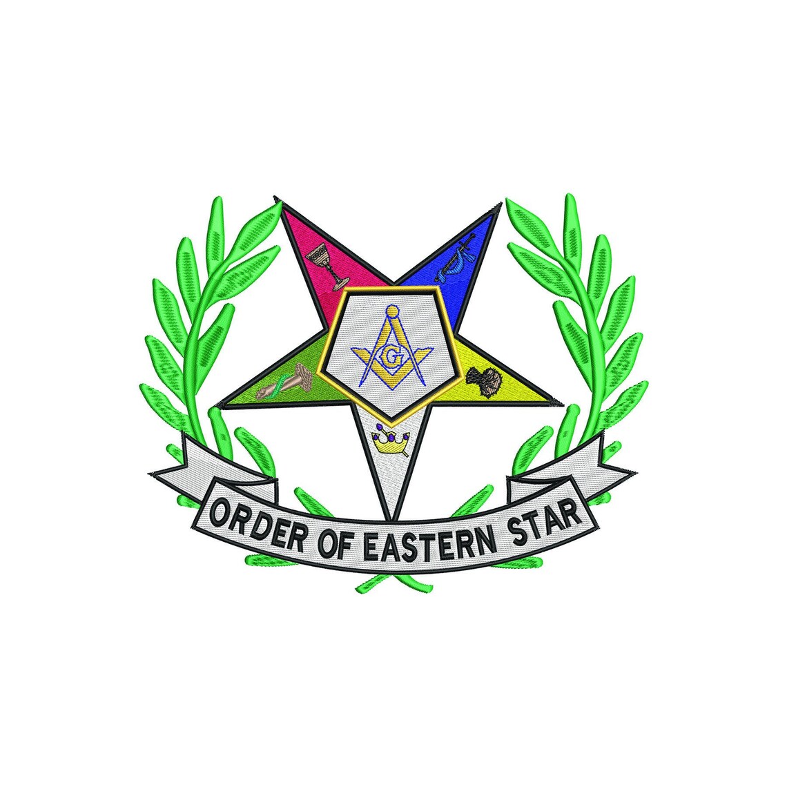 OES Worthy Patron Badge With Laurel Leaves and Banner Embroidery Design ...