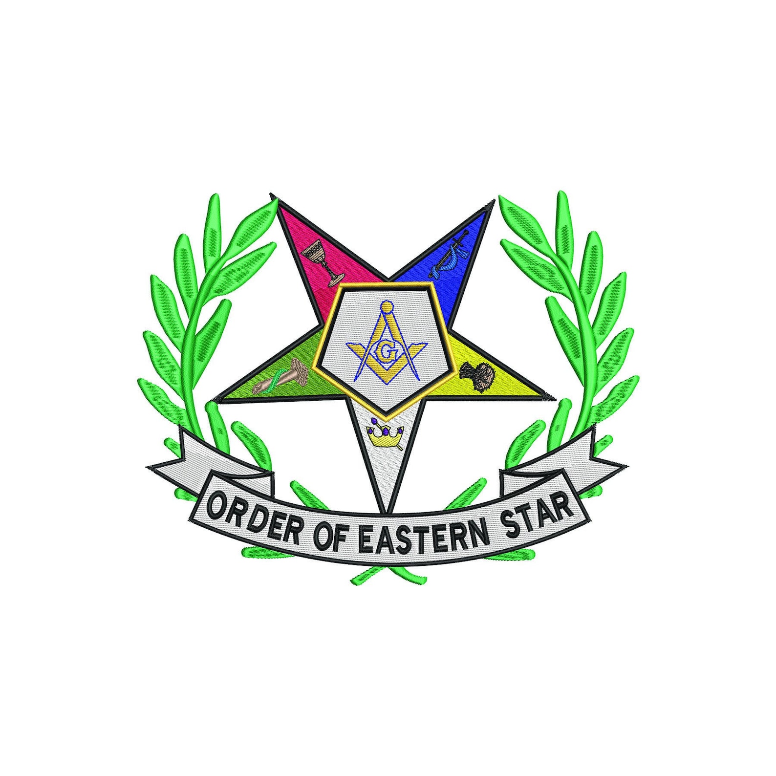 OES Worthy Patron Badge With Laurel Leaves and Banner Embroidery Design ...