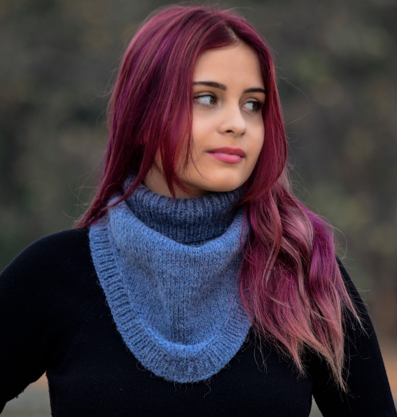 Hand Knit Cowl, Turtleneck Collar, Wool Dickie, Blue Roll Collar ...