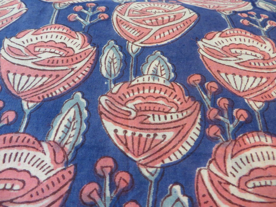 Discounted ! Stylized Rose Block Print Fabric From India, Royal Blue ...