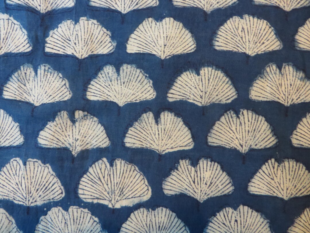 Indigo Dyed Block Print Fabric GINKO LEAF , Handmade Fabric 100% ...