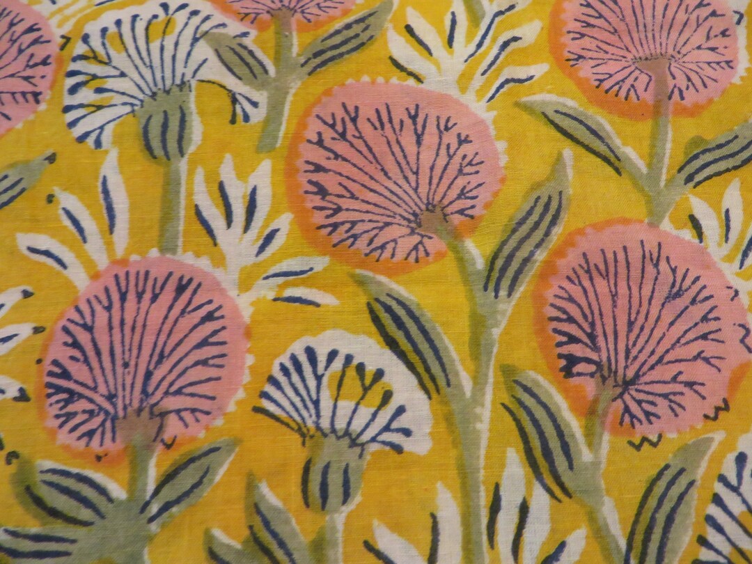 Block Print Fabric From India Floral Print Marigold Yellow With Pink ...