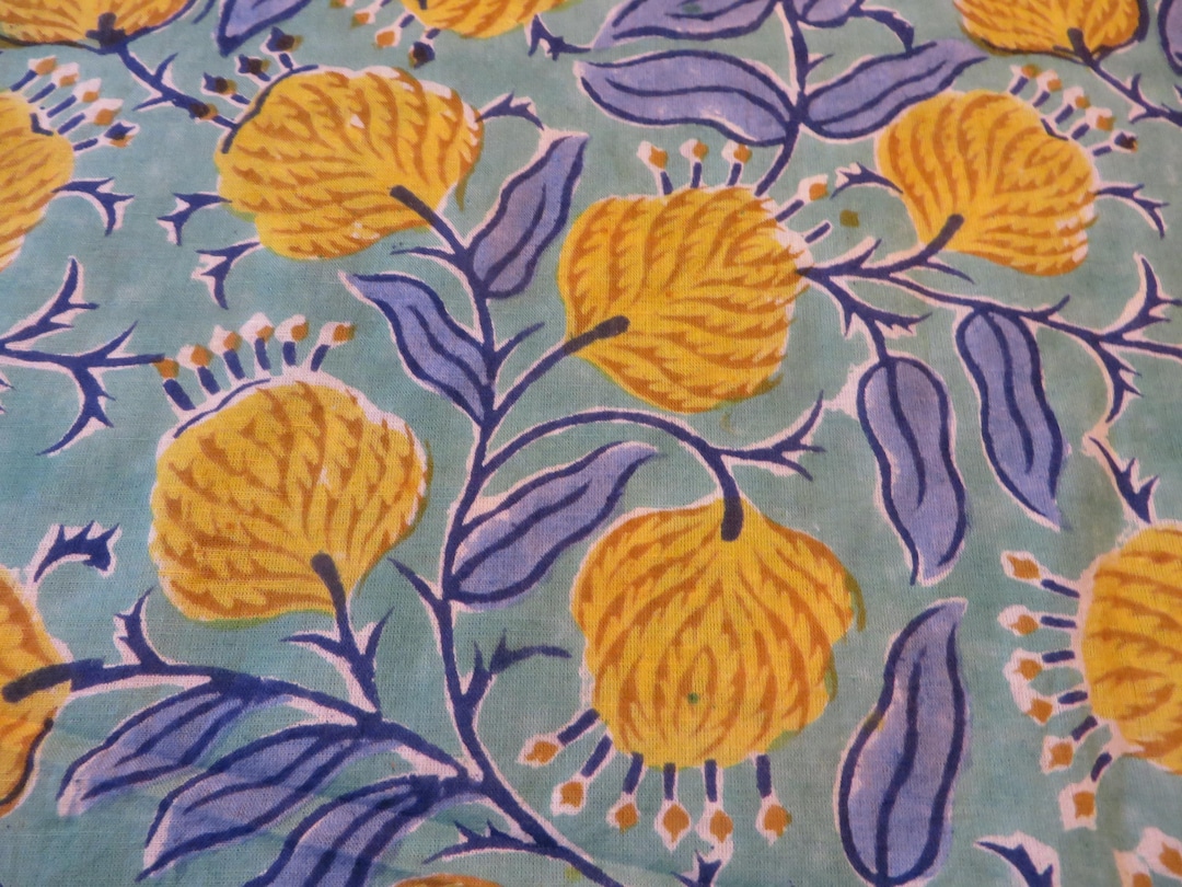 Block Print Fabric, Blue Green Background With Yellow Windflowers ...