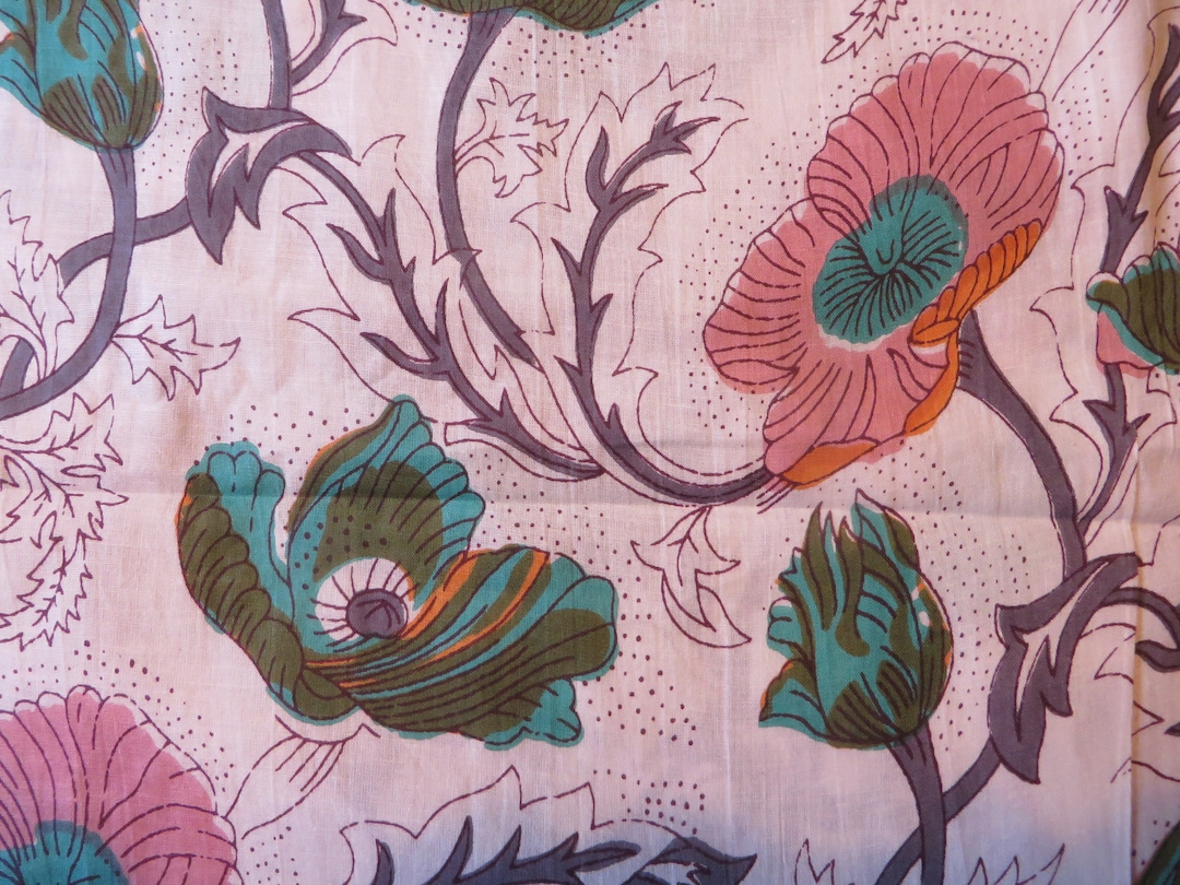 WHITE Background Block Print 5 Colors 100% Organic Cotton POPPY Floral ...