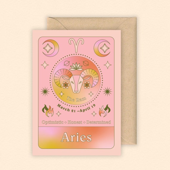 Aries Zodiac Card Zodiac Star Sign March Birthday Card - Etsy