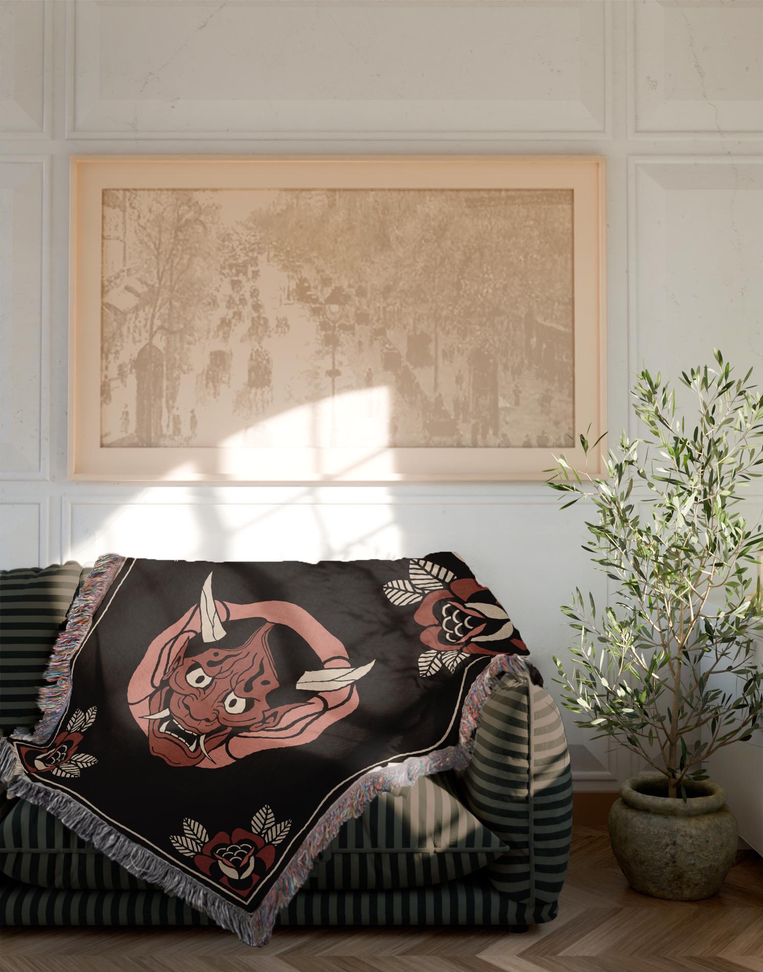 Oni Mask Traditional Japanese Tattoo Jacquard Throw Blanket Tapestry - Etsy