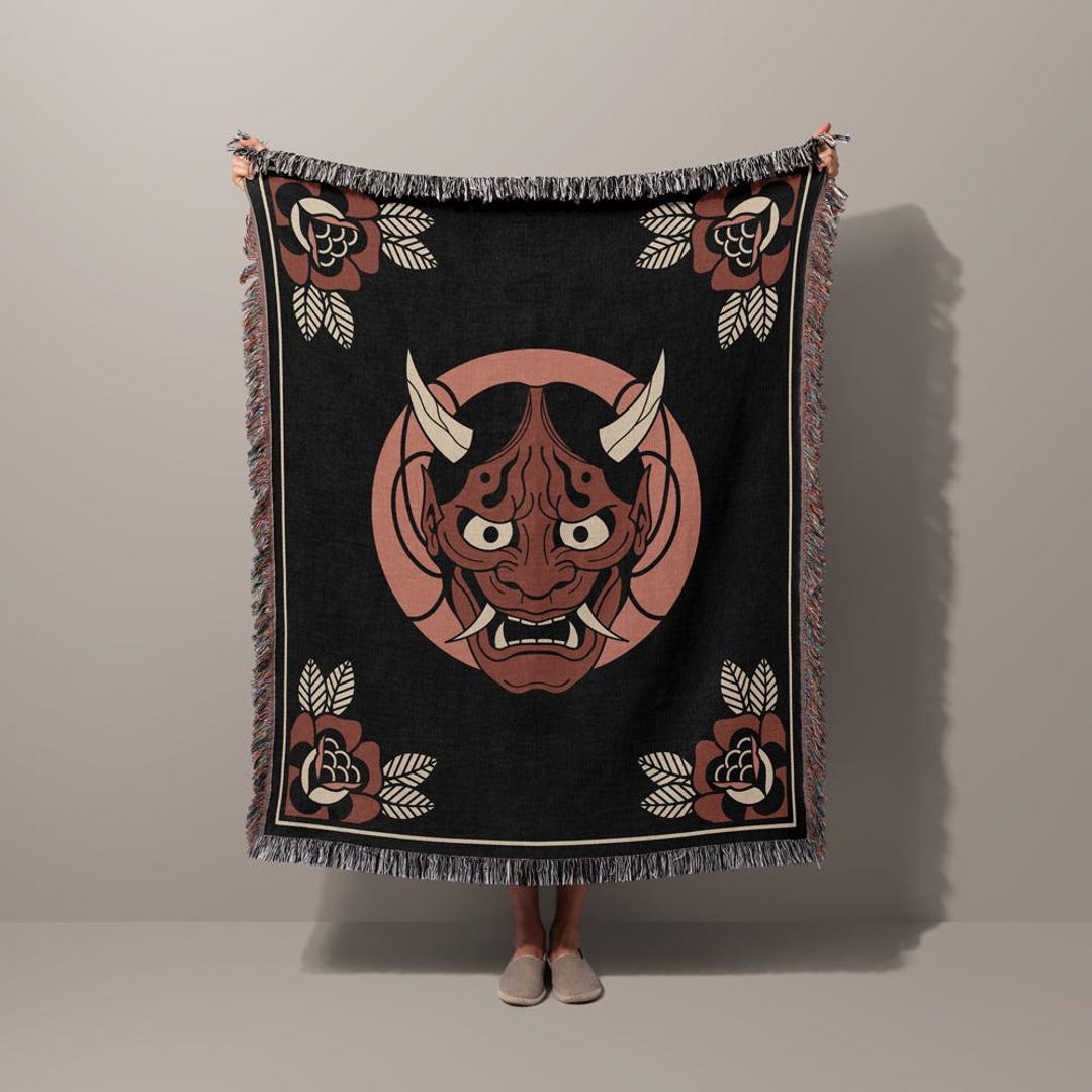 Oni Mask Traditional Japanese Tattoo Jacquard Throw Blanket Tapestry - Etsy