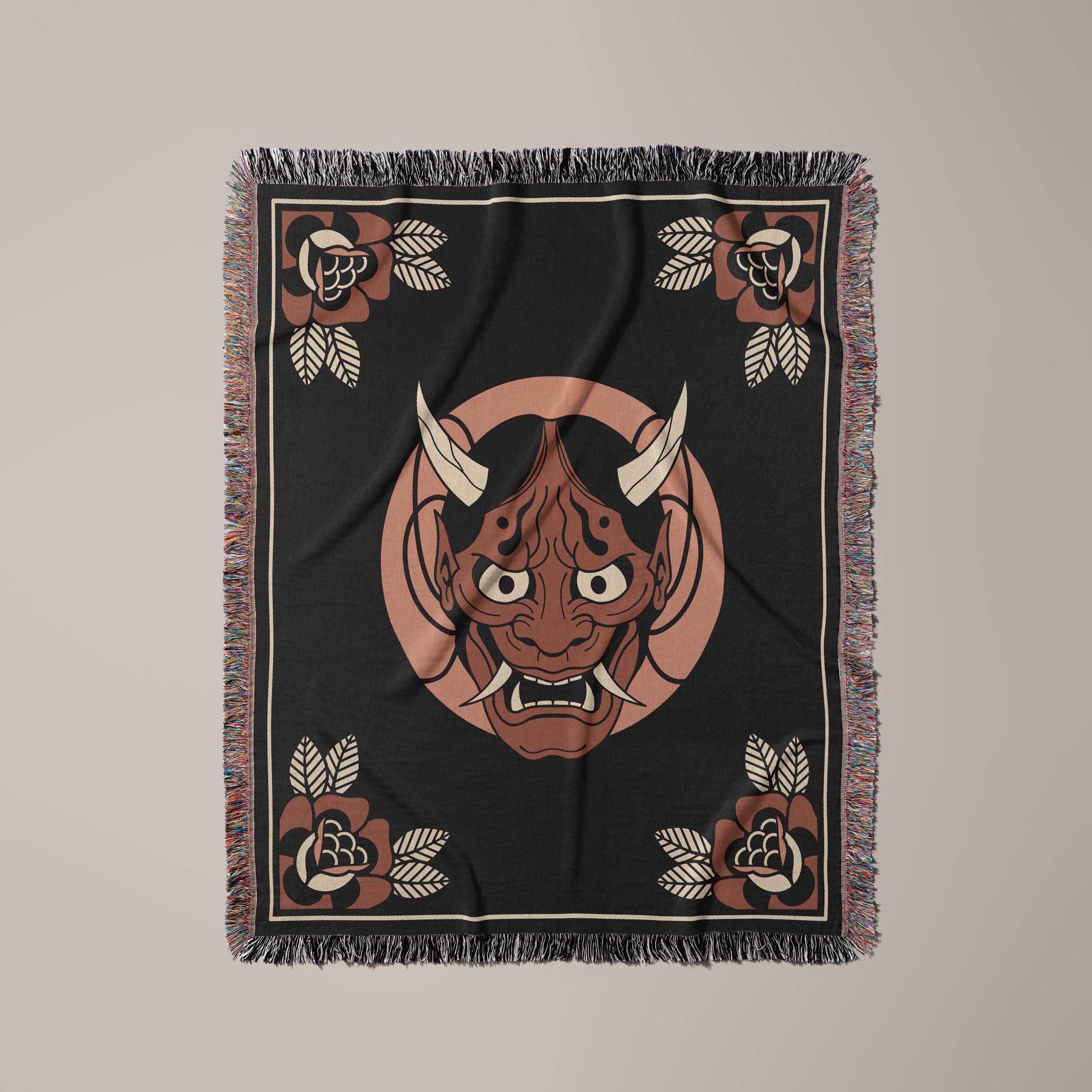 Oni Mask Traditional Japanese Tattoo Jacquard Throw Blanket Tapestry - Etsy