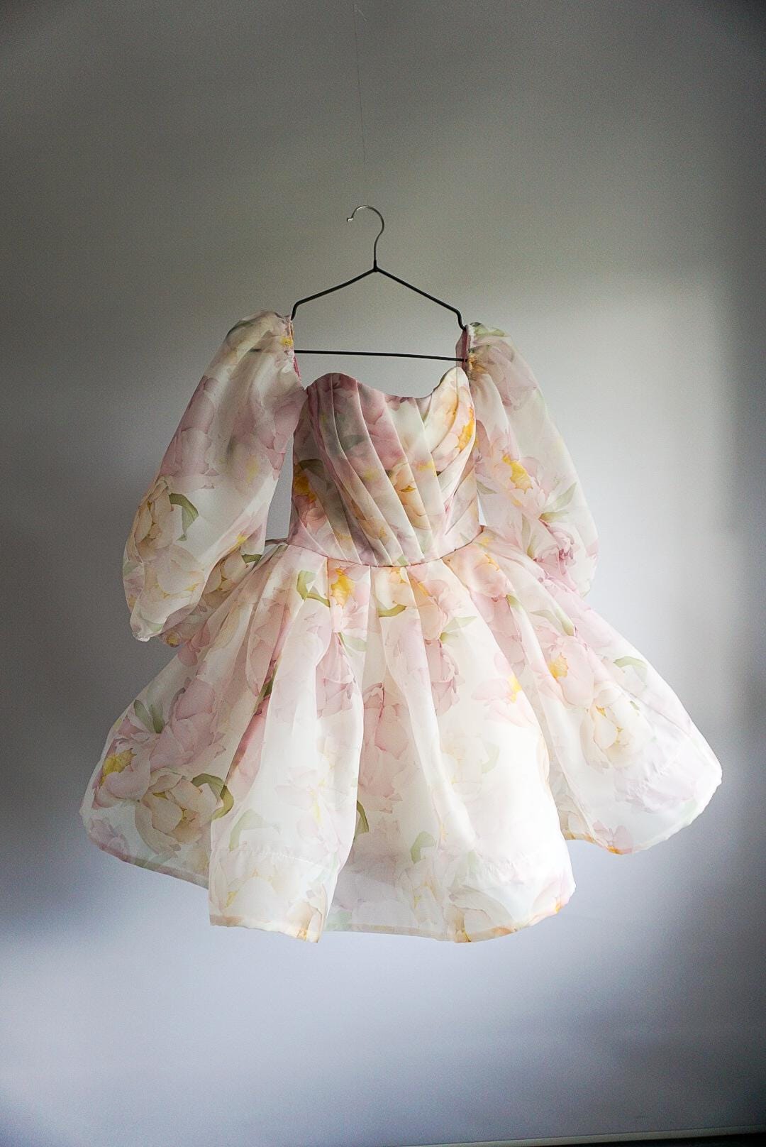 Flower Organza Woman Dresss, Mini Fluffy Mini Dress, Puffy Sleeves Gown ...