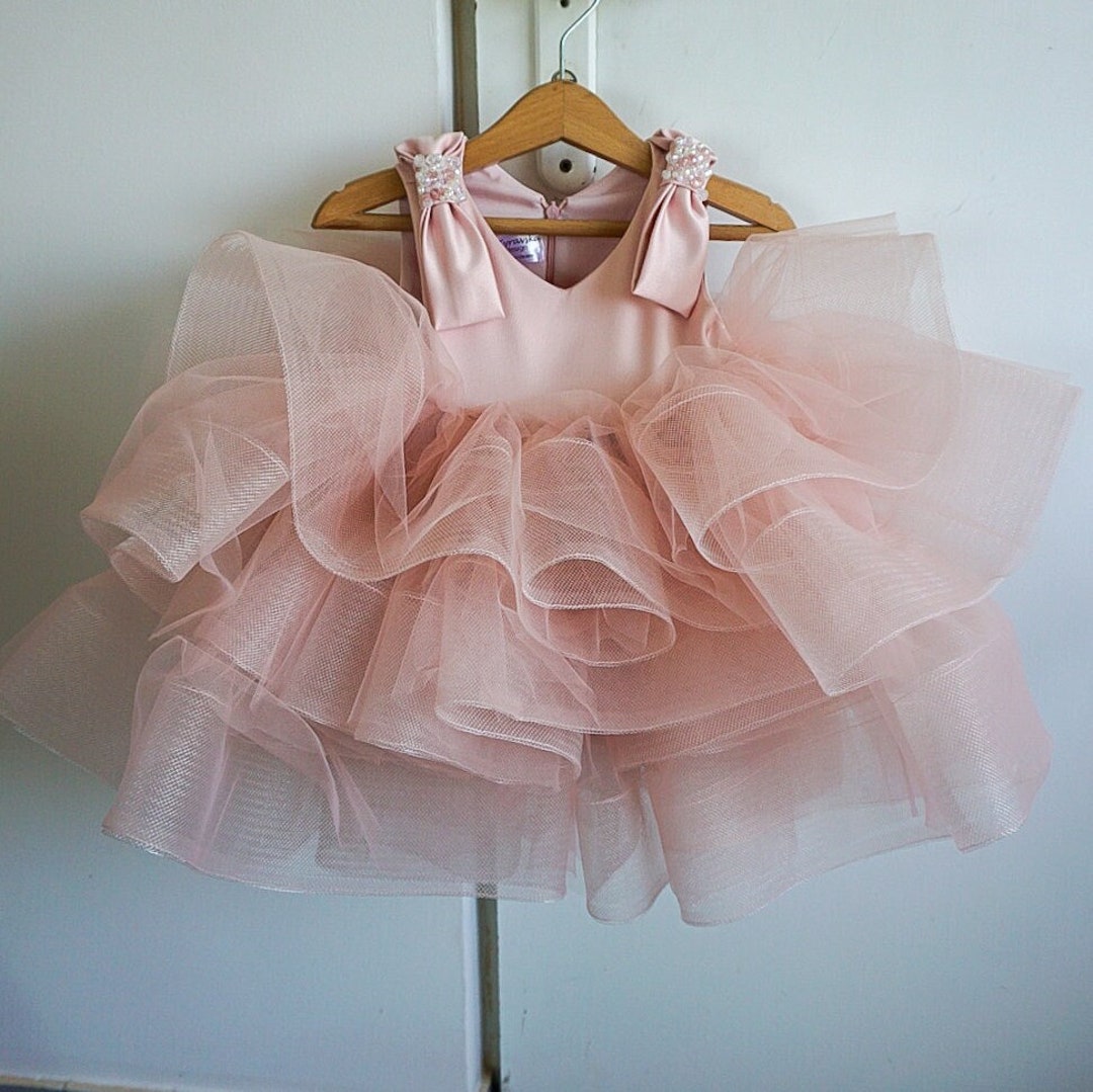 Ruffle Girl Dress, Peach Pink First Birthday Dress, Peagant Tulle Dress ...