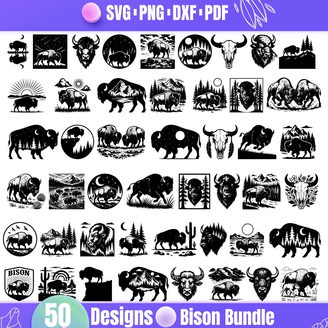 50 Bison SVG Bundle | Buffalo Silhouette & Western Wildlife Clipart ...