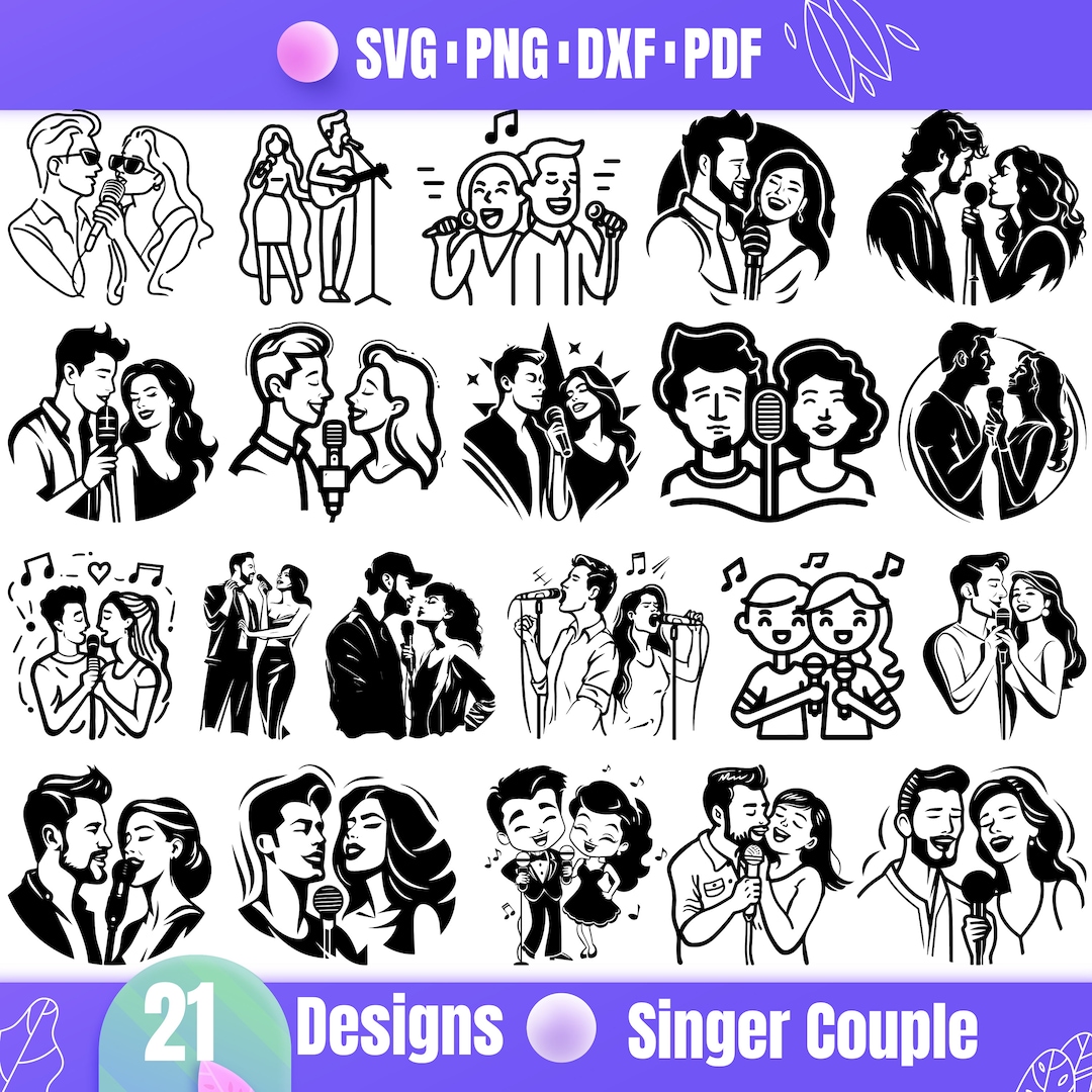 21 Singer Couple SVG Bundle – Singing Duet Line Art Clipart, Boy & Girl ...