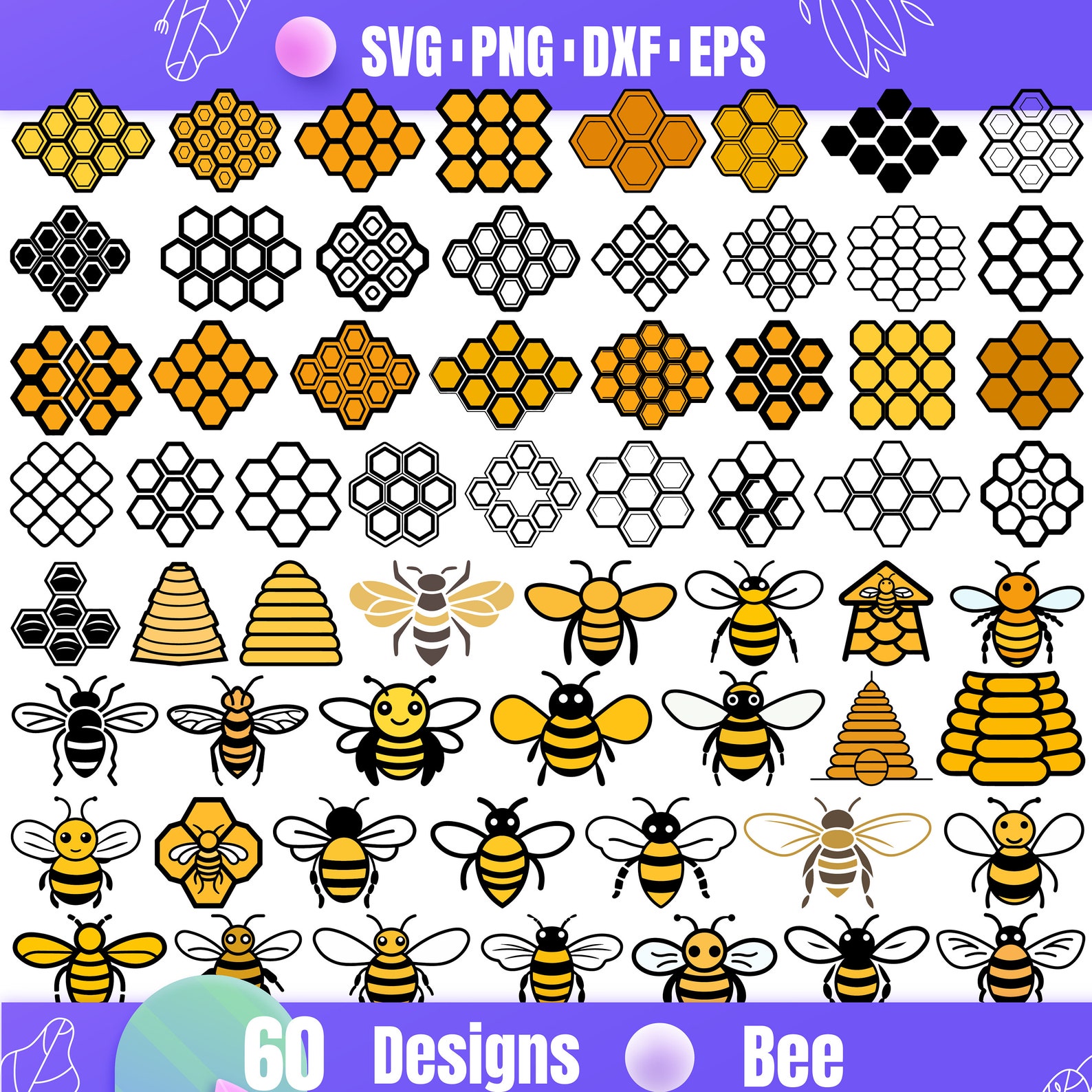 Bee SVG Bundle | 60 Honeycomb & Beehive Clipart Designs | Bee Vector ...