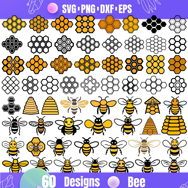 Bee SVG Bundle | 60 Honeycomb & Beehive Clipart Designs | Bee Vector ...