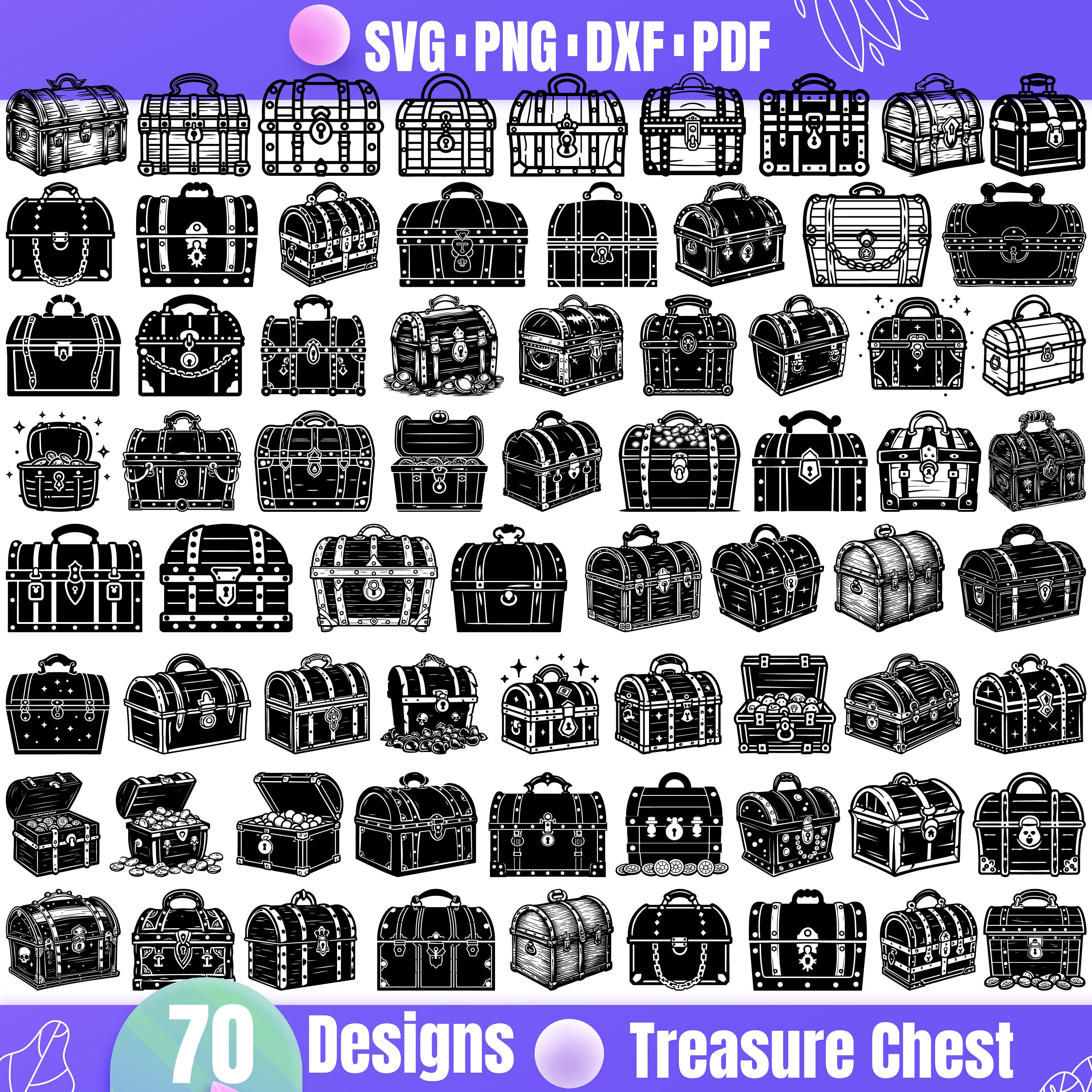 Treasure Chest SVG Bundle - 70 Designs, Pirate Chest Clipart, Open ...