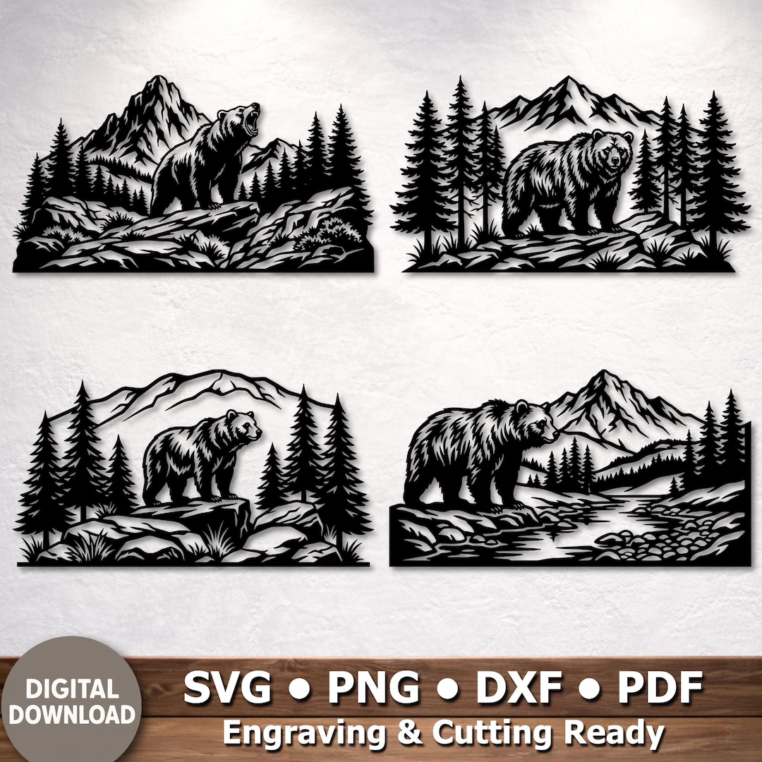 Bear Mountain Landscape SVG Bundle, 4 Scenic Grizzly Scenes for Laser ...