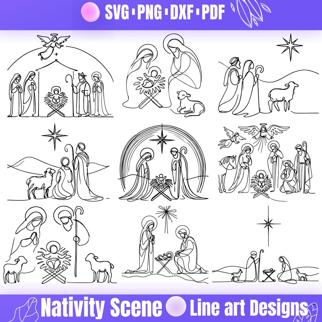 High Quality Nativity Scene Line Art Bundle, Simple Nativity Svg, Jesus ...