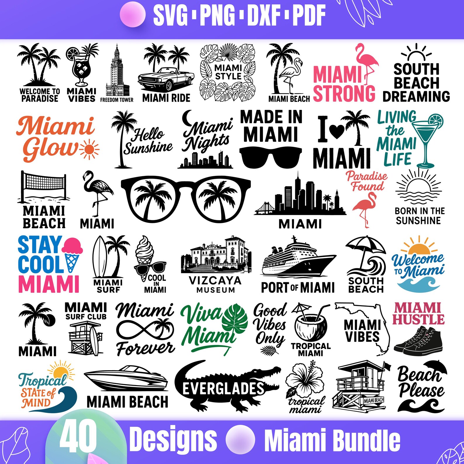 Miami SVG Bundle | 40 Tropical Beach Clipart Designs | Florida Skyline ...