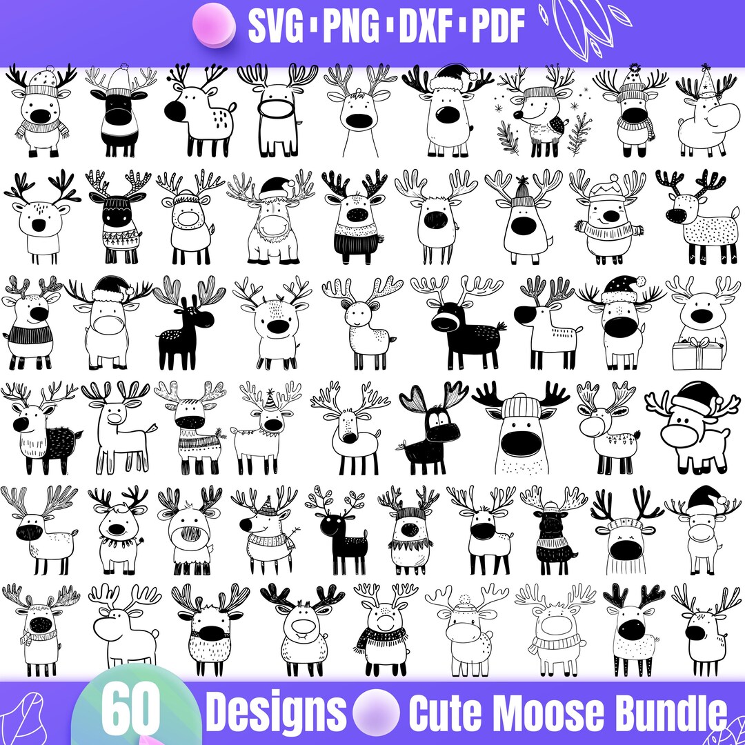 High Quality Cute Moose SVG Bundle, Doodle Moose, Christmas Moose ...