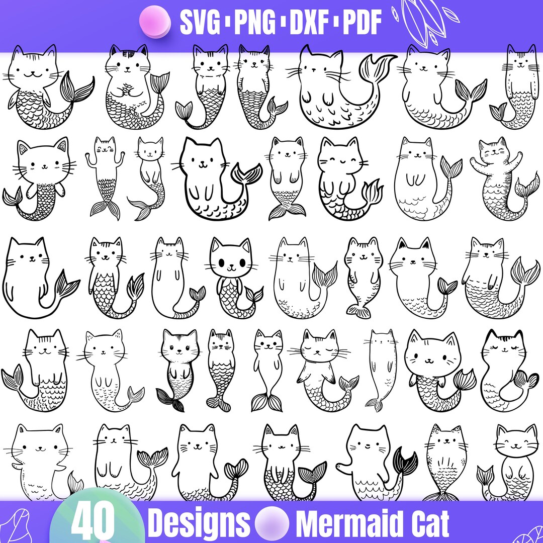 Mermaid Cat SVG Bundle - 40 Cute Meowmaid Designs for Cricut & Laser ...